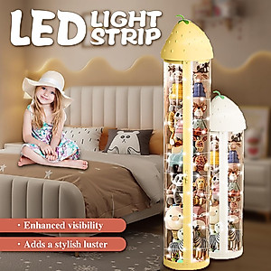 Bnmkt Stuffed Animal Storage Tube with Zipper and Lights, Rotation Vertical Toy Storage Tube with 360° Wheels, Toy Storage Tube, Clear Stuffed Animal Display Tube, Toy Tower Storage (White, 112cm)