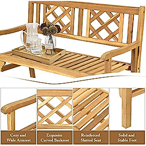 LDAILY Moccha 4 Ft Outdoor Patio Foldable Bench, Two Person Solid Wood, Acacia Wood Bench, Garden Bench with Curved Backrest and Armrest, Outdoor Park Bench Ideal for Balcony, Porch