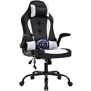 PC Gaming Chair Ergonomic Racing Heavy Duty Office Chair Video Game Chair, Massage Function Lumbar Support with Flip Up Arms & Headrest Nice Chic Desk Chair, Adjustable Best Home Office Chair - White