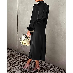 BTFBM Women's Mock Neck Satin Dress Elegant Long Sleeve Elastic High Waist Formal Wedding Cocktail Party Maxi Dresses(Solid Black, Medium)