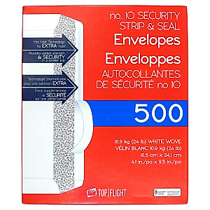 Top Flight PSTF10NWT #10 Envelopes, Strip & Seal, Security Tinted, White Paper, 24 lb, 500 Count