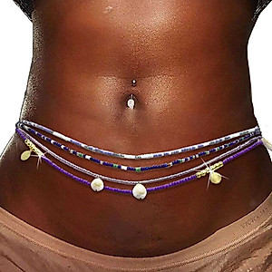 Cosydays Sequins Waist Bead Belly Chain Multicolored Seashell Body Beads African Jewelry Elastic Beaded Bikini Chain for Women and Girls (Purple)