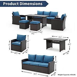 HOMREST 6 Pieces Patio Furniture Sets Clearance, Patio Dining Sofa Set Outdoor Sectional Sofa Conversation Set All Weather Wicker Rattan Couch Dining Table & Chair (Blue)