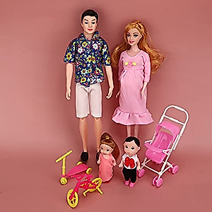 Vakitar Family Dolls Set of Dad Pregnant Mom Girl Boy Children Role Play House Toy Gift,for Home (Printed Blue T+Pregnant Powder)