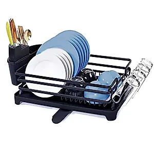 HIUHOME Dish Drying Rack with Drainboard,Rustproof Dish Racks for Kitchen Counter,Dish Drainer with Adjustable Spout (Black)