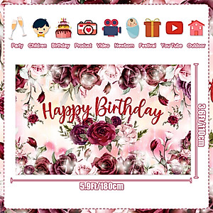 Cocomigo 134pcs Burgundy Birthday Decorations, Women Birthday Decorations Floral Birthday Balloons Arch Backdrop Tablecloth Honeycomb Centerpiece Cake Topper Burgundy Flower Birthday Decoration