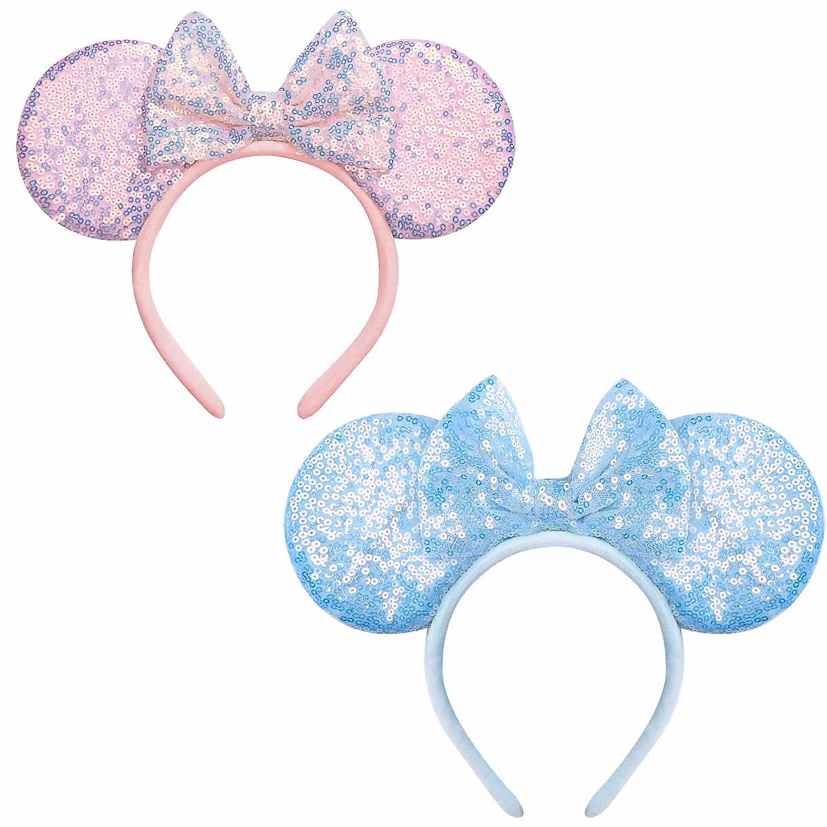 Mouse Ears headband,2pcs Sequin Headband Glitter Hairband for Baby Shower Headwear Halloween Theme Party Decorations (Pink&Blue)