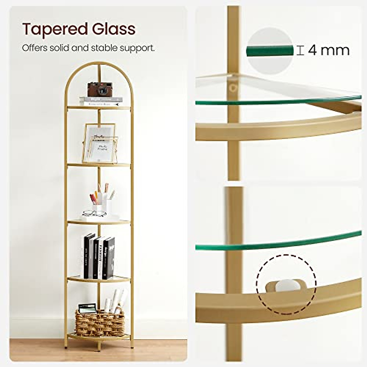 VASAGLE Golden 5-Tier Corner Shelf - Modern Glass Design
