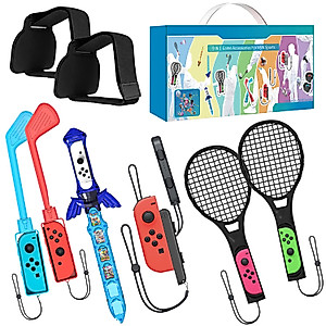 Ermorgen Switch Sports Accessories Bundle, 9 in 1 Kit for Switch & Switch OLED, Joycon Grip for Sport Game, Leg Straps & Wrist Strap, Tennis Badminton Rackets, Golf Club and Sword Controller