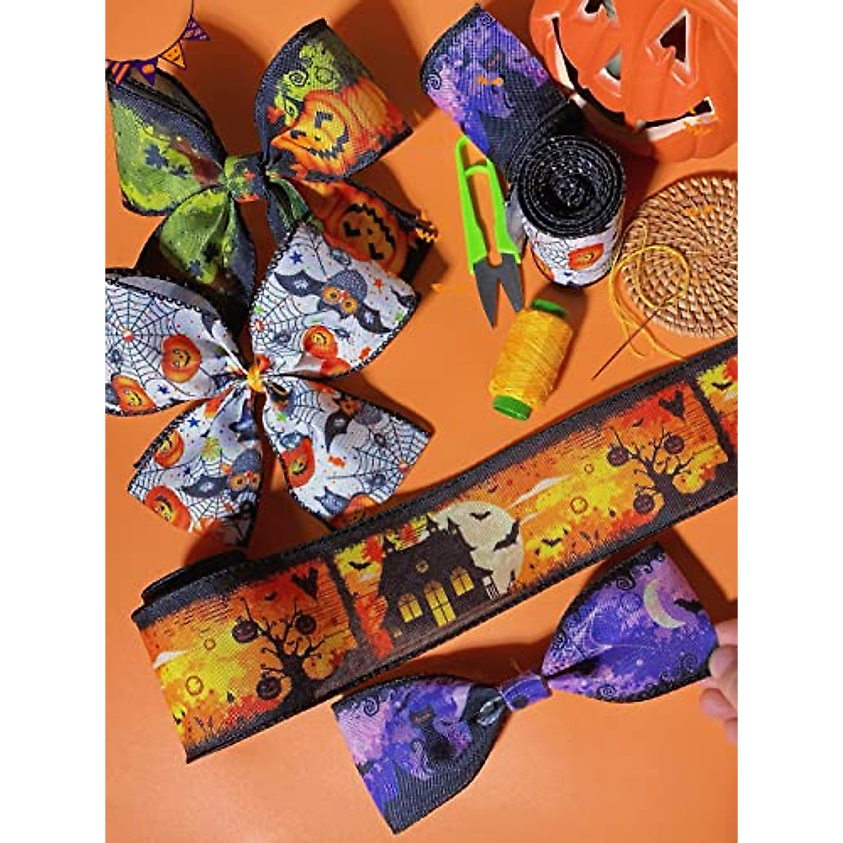 4 Rolls 2.5 Inches Halloween Wired Ribbons for Craft-20 Yards Orange Black Purple Halloween Ribbon,Pumpkin Spiders Castles Cobwebs Bats Witches Printed Ribbon for Wreath Decor Bow Making Home Decor
