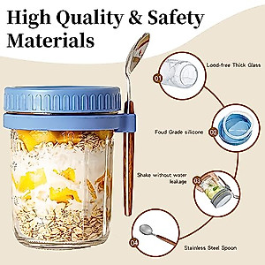 Overnight Oats Containers with Lids and Spoon 16 oz [4 Pack] Large Airtight Overnight Oats Jars Oatmeal Container with Measurement Marks, Glass Mason Jars for Yogurt, Chia Seed Pudding, Cereal, Milk,