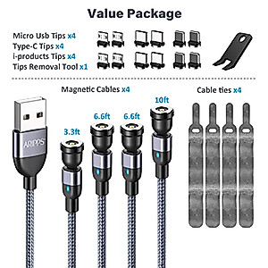 Aripps Magnetic Charging Cable 4 Pack (3.3ft/6.6ft/6.6ft/10ft), 540 Degree Rotating Magnetic Phone Charger Cable, 3 in 1 Nylon Braided Magnetic USB Cable for Type C, Micro USB