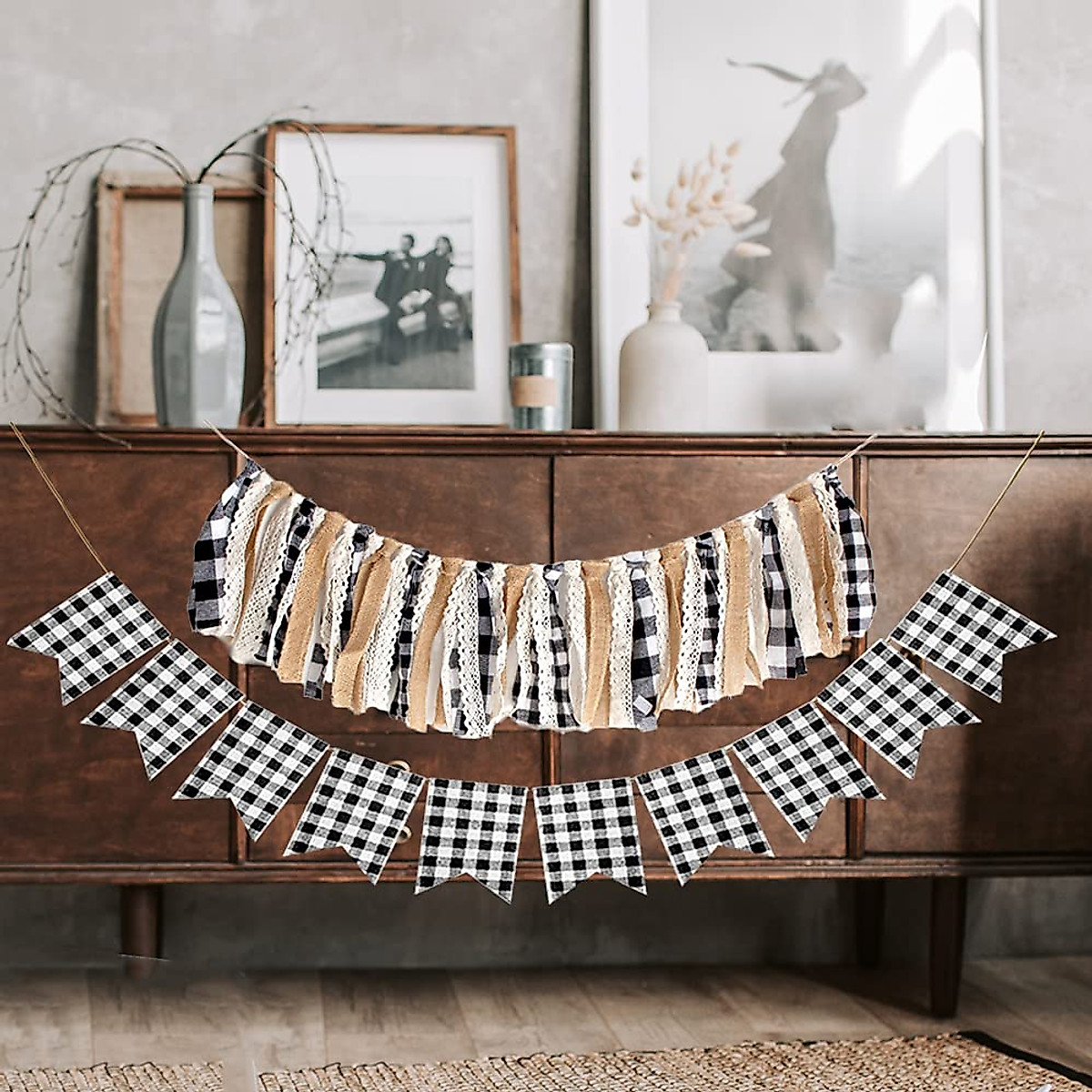 Buffalo Checkered Plaid Banner Set Fabric Black and White Gingham Bunting Tassel Garland Rustic Christmas Birthday Mantel Fireplace Farmhouse Classroom Decorations