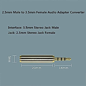 2.5mm Male to 3.5mm Female Audio Adapter Gold Plated Aux Auxiliary Plug Splitter 3 Ring Jack Support Converter Headphone Earphone Headset Stereo or Mono(2 Pack)