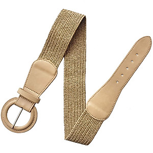 YUCFOREN Women Skinny Dress Belt, Elastic Stretch Waist Band Straw Woven Rattan Wood Buckle Belts (Type 8-Khaki, Fits Waist: 33"-36")