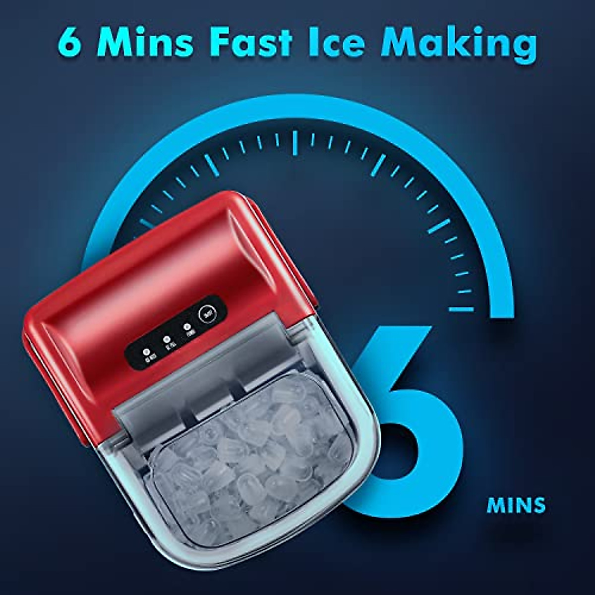 Ice Maker Countertop 9 ice Cubes Ready in 6 Mins with Handle, Portable Ice Machine with ice Scoop and Basket Self-Cleaning Ice Makers, Up to 26 lbs for Home Kitchen Office Bar Party（RED