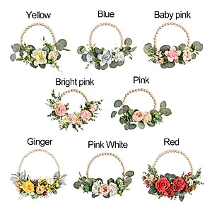 LPAYOK Artificial Peony Flower Wreath, Wood Bead Floral Eucalyptus Wreath for Front Door, Spring Flowers Garland Farmhouse Hoop Wreaths for Wall Window Indoors Home Decoration, Green, 35cm/13.65in