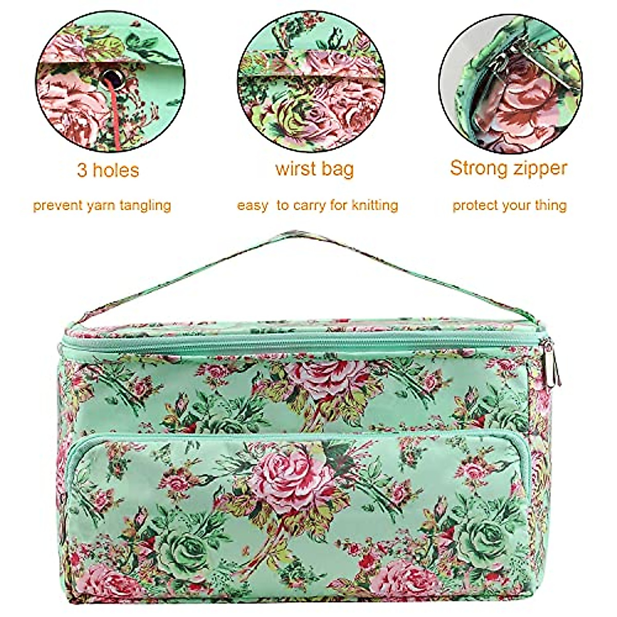 Weabetfu Knitting Bag Large Size,Yarn Storage Organizer Tote Bag Holder Case Cuboid with Zipper Closure and Pocket for Knitting Needles Crochet Hooks Project Accessories,Easy to Carry(Up to 14 Inch)