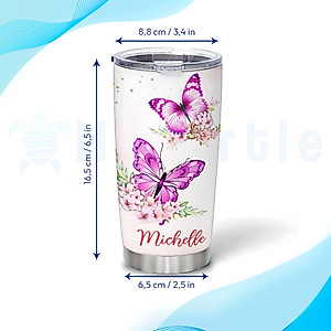 Hyturtle Personalized Gifts For Butterfly Lover - Birthday Christmas - She Is Mom Butterflies Print Custom Name Stainless Steel Tumbler 20oz With Lid - Gifts For Her Women Girl Friend Mom