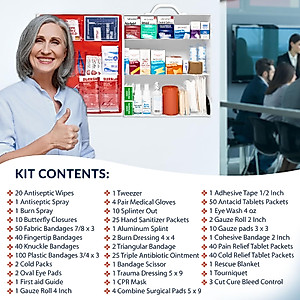 MFASCO 2021 ANSI/OSHA Compliant First Aid Kit - Large, Commercial 3-Shelf Metal Cabinet for Businesses, Wall Mountable - with Medications - ANSI Standard 2021 First Aid Kits, Class B Fill