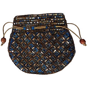 Purpledip Women's Potli Bag (Clutch, Drawstring Purse): Intricate Gold Thread & Sequin Embroidery Satchel, Firozi Turquoise (11806)