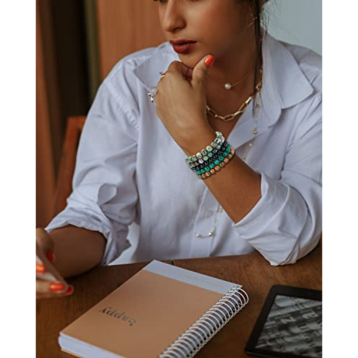 BOMAIL 5PCS Semi-Precious Gemstone Bracelet - Healing Crystal Stone Beaded Bracelets for Women Men 8mm Round Beaded Stretch Bracelets Unisex Stress Relief Yoga Bracelets Gifts