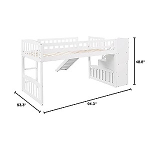 ODC Twin Size Loft Bed with 2 Drawers and Slide for Kids, Solid Wood Loft Bed Frame with Storage, Low Loft Bed with Slide, Ladder and Security Guardrail for Kids Girls Boys Teens
