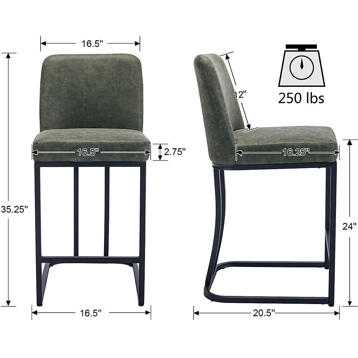 VESCASA 24" H Counter Height Barstools with Back, Mid Century Modern Faux Leather Upholstered Counter Stool Chairs with Black Metal Frame for Kitchen Island, Bar, Pub, Set of 2, Green