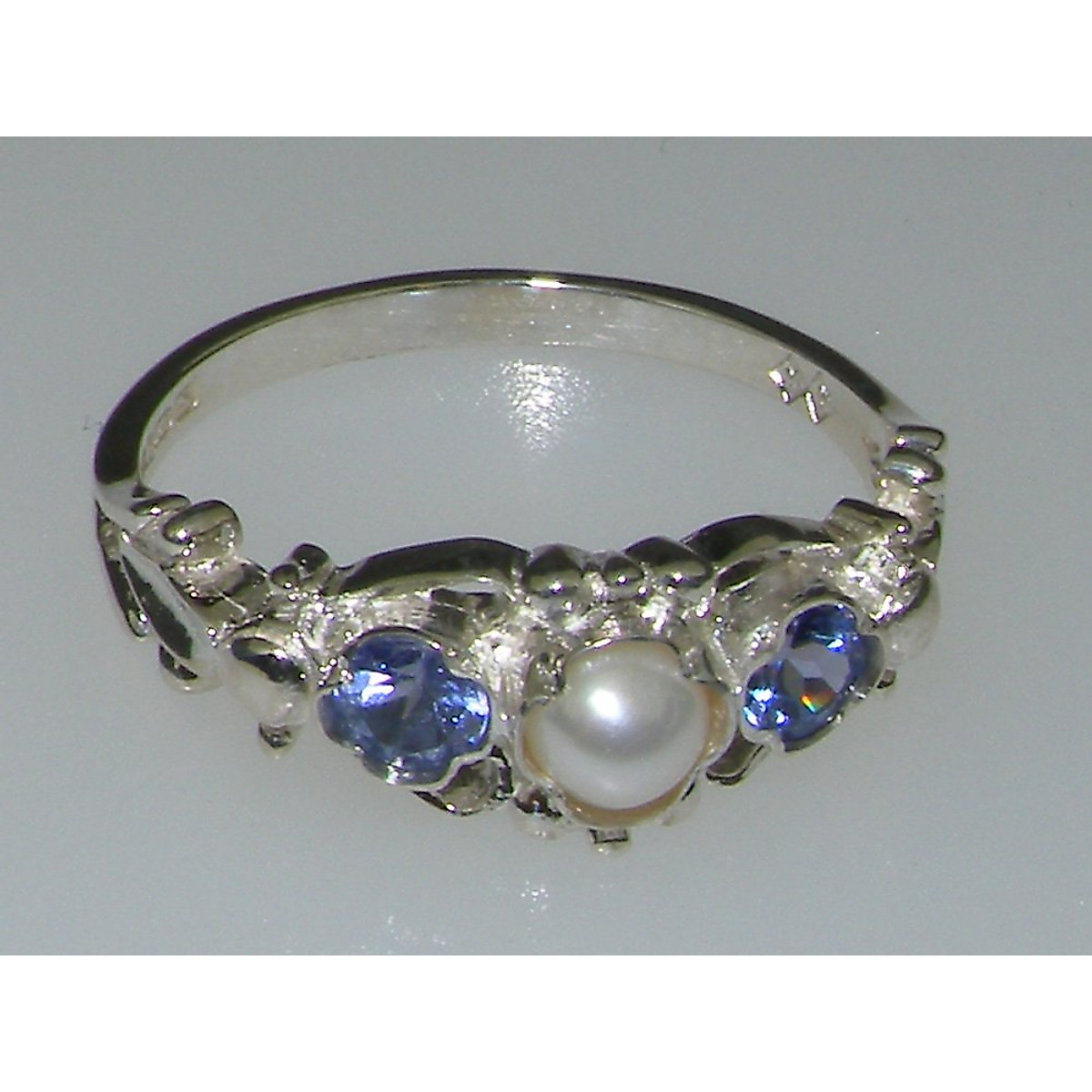 925 Sterling Silver Cultured Pearl and Tanzanite Womens Promise Ring - Size 6.5