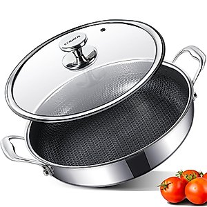 Cyrder 316L Stainless Steel Frying Pan-12inch Hybrid Nonstick Wok with Lid, Two Handle Hold, PFOA Free, Dishwasher Oven Safe, Paella Pan for Stir fry/Toast/Roast/Bake/Stew, 6 Quart