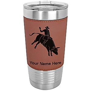 LaserGram 20oz Vacuum Insulated Tumbler Mug, Bull Rider Cowboy, Personalized Engraving Included (Faux Leather, Dark Brown)