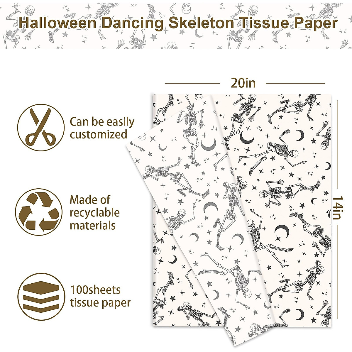 Whaline 100 Sheets Halloween Tissue Paper Dancing Skeleton Gift Wrapping Paper Decorative Art Paper for Home Party DIY Crafts Supplies, 14 x 20 Inch
