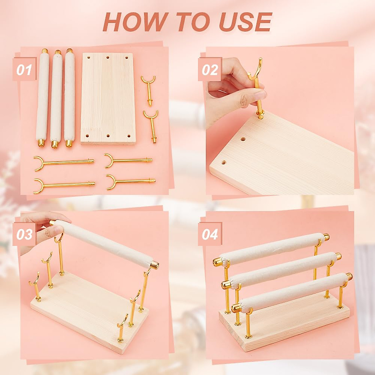 NBEADS 3-Tier Velvet Bar Ring Display Stand, Multi-Layer Ring Storage Shelf Detachable Metal Shelf for Rings Crafts Jewelry Storage Display, Wooden Base, Old Lace, 8.2×3.9×4.3"