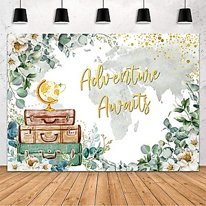 MEHOFOND 7x5ft Adventure Awaits Baby Shower Party Decorations Backdrop Eucalyptus White Floral Suitcases Travel Around The World Map Bridal Wedding Shower Photography Background Photo Banner