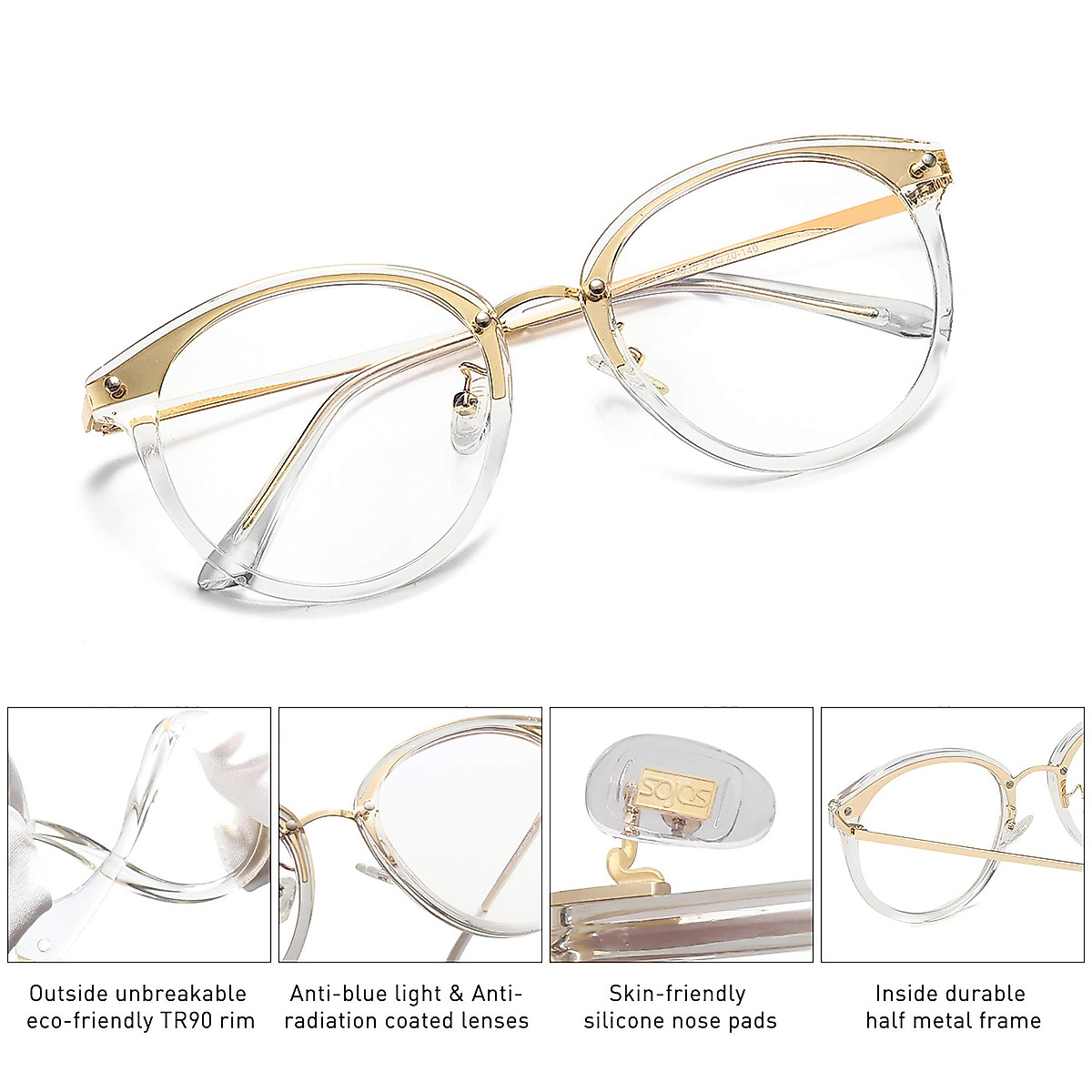 SOJOS Retro Round TR90 Blue Light Reading Glasses Womens Mens Readers Computer Glasses Eyewear Frame SJ9001, Clear Frame 0.00 x