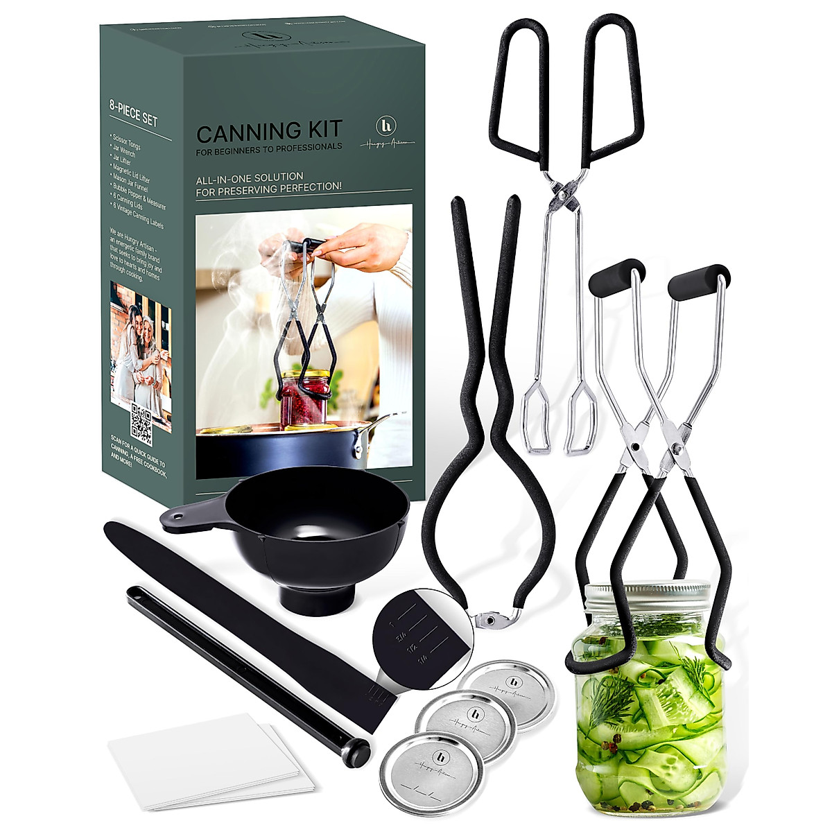 Canning Supplies Set of 8 – Canning Kit for Beginners – Complete Home Canners Equipment – Mason Jar Lifter, Funnel & Wrench, Tongs, Bubble Popper, Magnetic Lid Lifter, Canning Labels & Lids