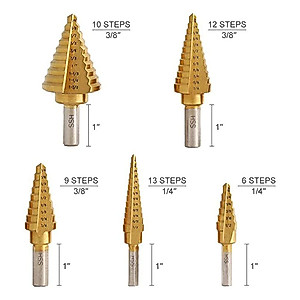 Step Drill Bit Set, 5 Pcs Titanium Coated High Speed Steel Step Drill Bits with 1 Pc Automatic Center Punch for Drilling Sheet Metal, DIY Project