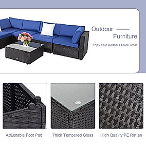 Kinfant Outdoor Patio Furniture Set Wicker Conversation Set - PE Rattan Sectional Sofa with Glass Table and Cushions for Garden Poolside Porch Balcony (Dark Blue)