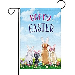 Happy Easter Garden Flag 12x18 Double Sided Vertical, Burlap Small Cat Dog with Rabbit Ear Easter Flag Sign Welcome Spring Outdoor Outside Decorations (ONLY FLAG)