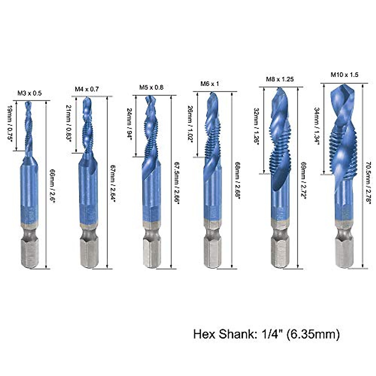 uxcell Combination Drill and Tap Bit Set M3 M4 M5 M6 M8 M10 with 1/4" Hex Shank Bluing High Speed Steel Countersink Bit Spiral Flute Tapping Tool 6pcs
