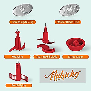NutriChef NCFPRED Multifunction Food Processor-Ultra Quiet Powerful Motor, Includes 6 Attachment Blades, Up to 2L Capacity (Red), One Size