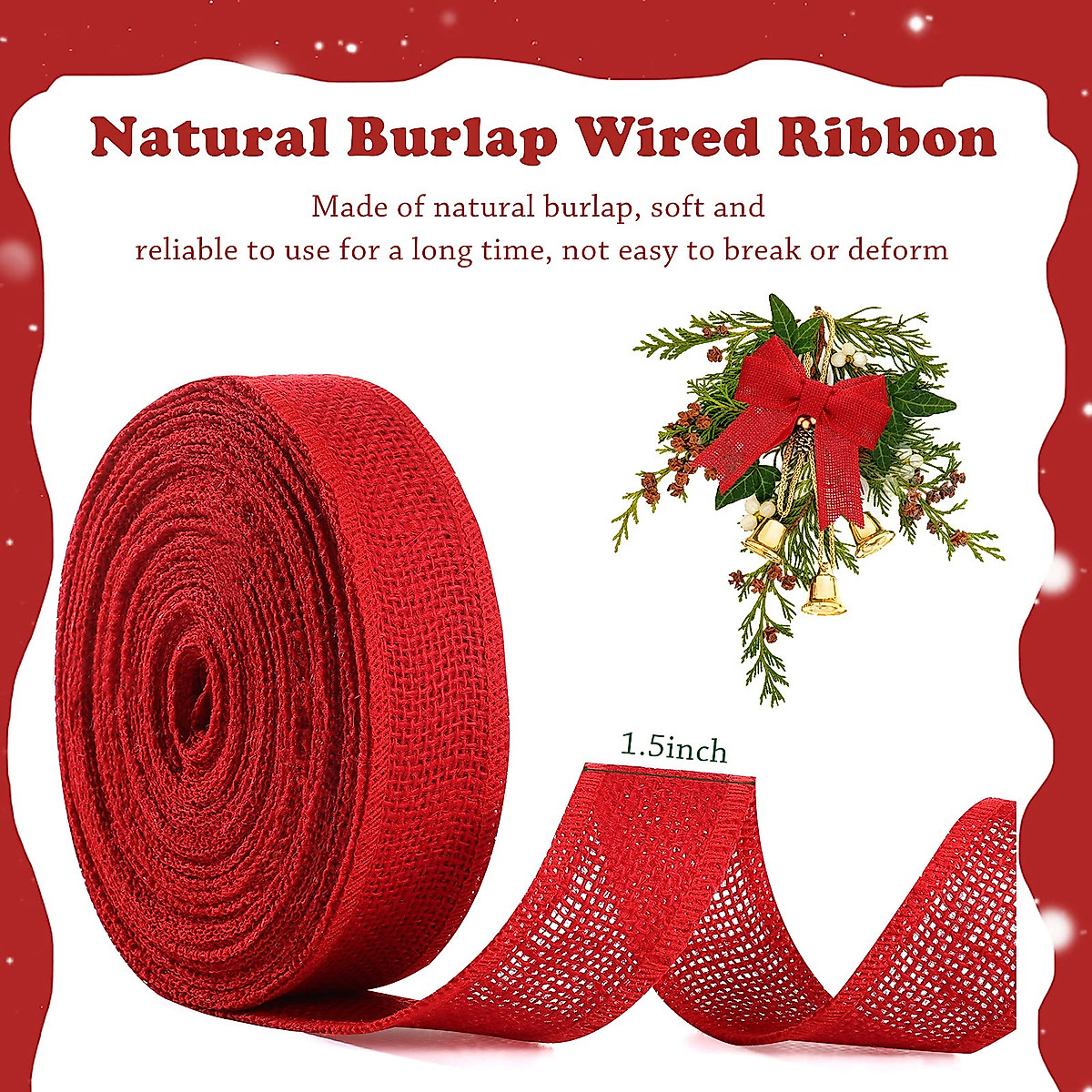 Waydress Natural Burlap Ribbon Burlap Edge Ribbon Fabric Craft Ribbon for Bow Wreath Tree DIY Decor Outdoor Wedding Home Christmas Party Decoration(1.5 Inch x 20 Yard,Red)