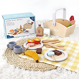 Pillowhale Wooden Picnic Basket Playset Toy,Pretend Play Food Sharing Playset with Cutting Fruits, Kids Imagination Play for Girls Boys Toddlers 3 Years Old and Up