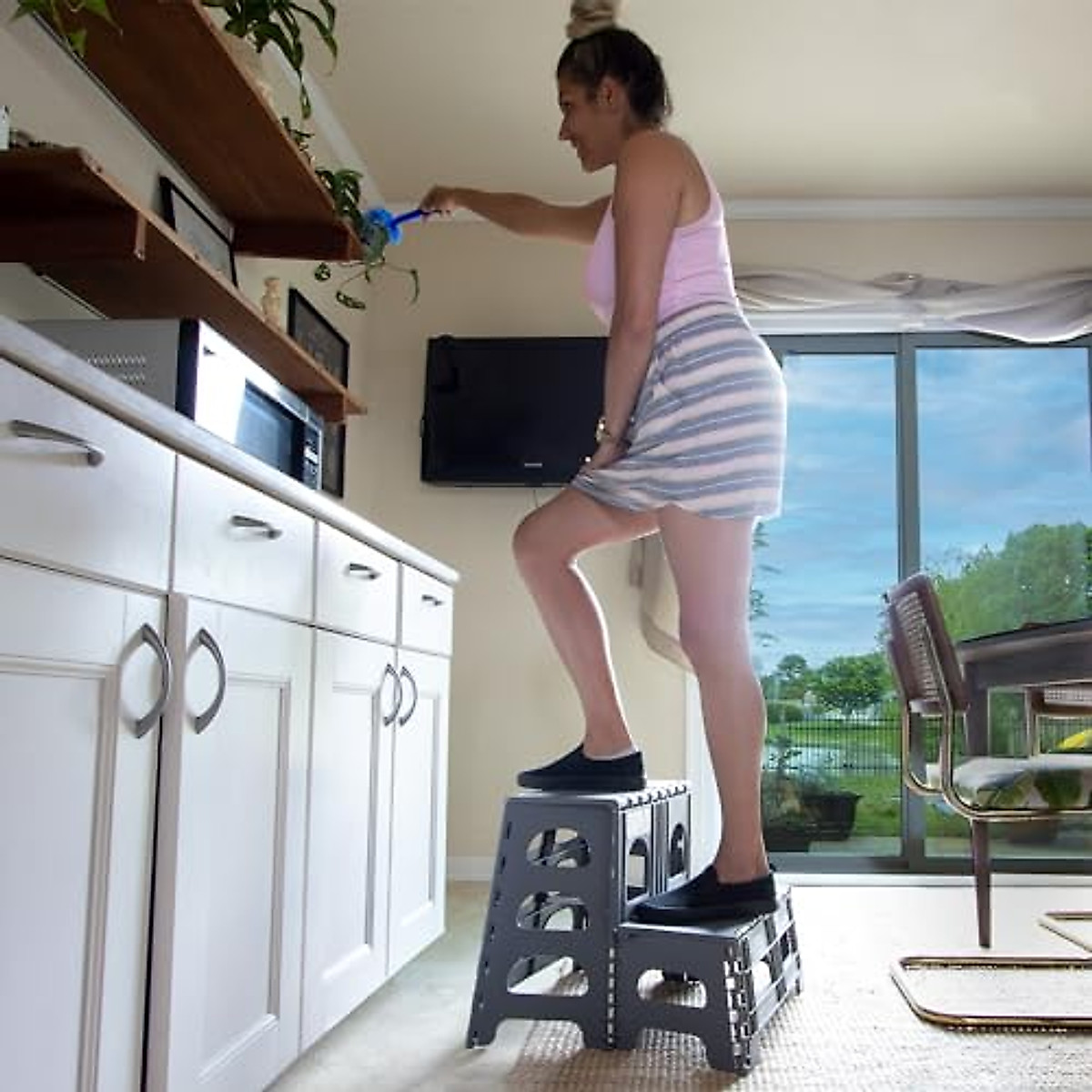 Bee Neat 2 Step Foldable Step Stool for Office, Garage, Library, Closet, Bathroom and Porch – Collapsible Step Stool Ladder for Adults and Kids, Supports 200lbs - Gray