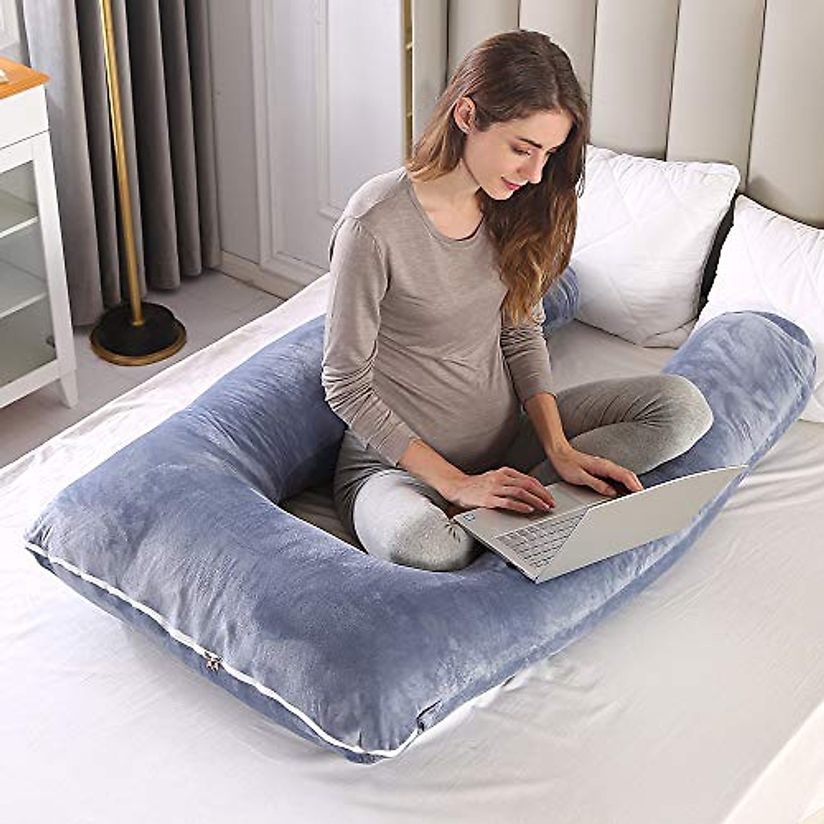 CDEN Pregnancy Pillow, U Shaped Full Body Pillow 55", Maternity Pillow Support for Back, Legs, Neck, HIPS for Pregnant Women with Removable Washable Velvet Cover(Grey)