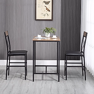 HOMCOM 3 Piece Bar Table and Chairs Set, Dining Table Set with PU Padded Stools and Steel Frame for Kitchen, Small Spaces, Brown