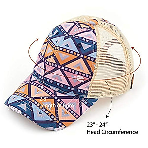 C.C Washed Distressed Cotton Denim Ponytail Hat Adjustable Baseball Cap (BT-929) (A Aztec Patten/Mauve)