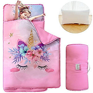 KINBEDY Pink Unicorn Toddler Nap Mat for Daycare Preschool Girls Floral Kids Sleeping Mat Pad Toddler Bedding Set Portable Baby Sleeping Bag with Pillow and Blanket for Travel Camping Outdoor