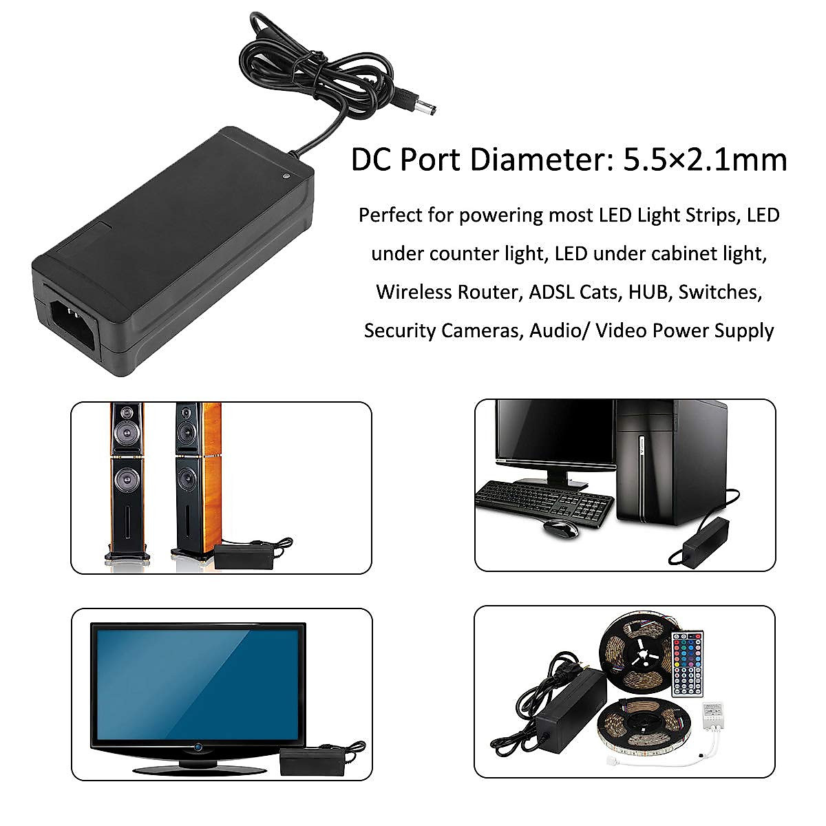BINZET AC to DC 12V 10A 120W Power Supply Adapter Converter Regulator, 5.5mm x 2.1mm DC Plug, 12Volt 10Amp Wall Power Plug for DC12V 5050 5630 Flexible LED Strip Lights