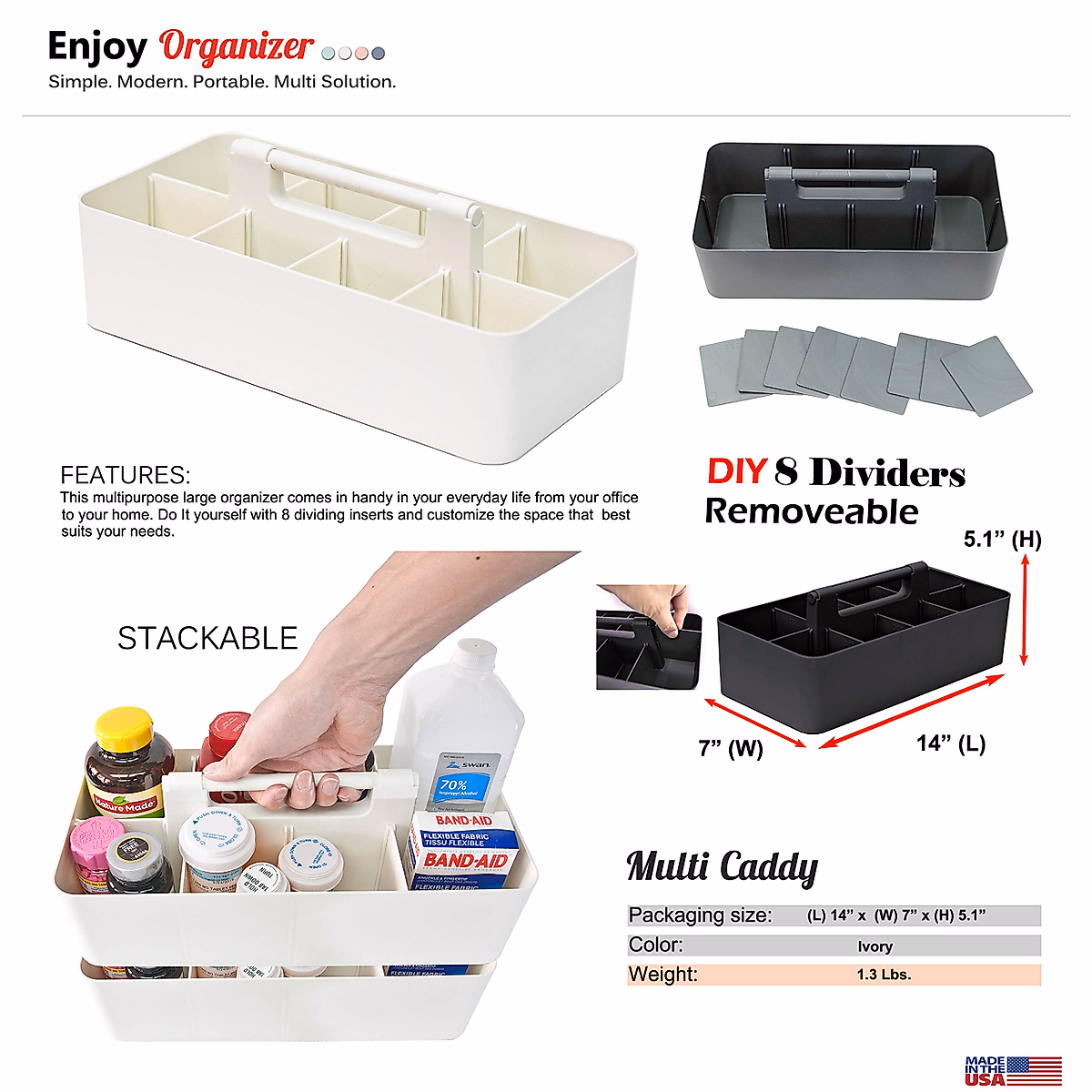 Enjoy Organizer -Large Portable Caddy, DIY Dividers, 8 Compartments, Bathroom Organizer,Portable Basket with Handle Storage Organizer Modern Made in USA (3 PACK, Ivory)